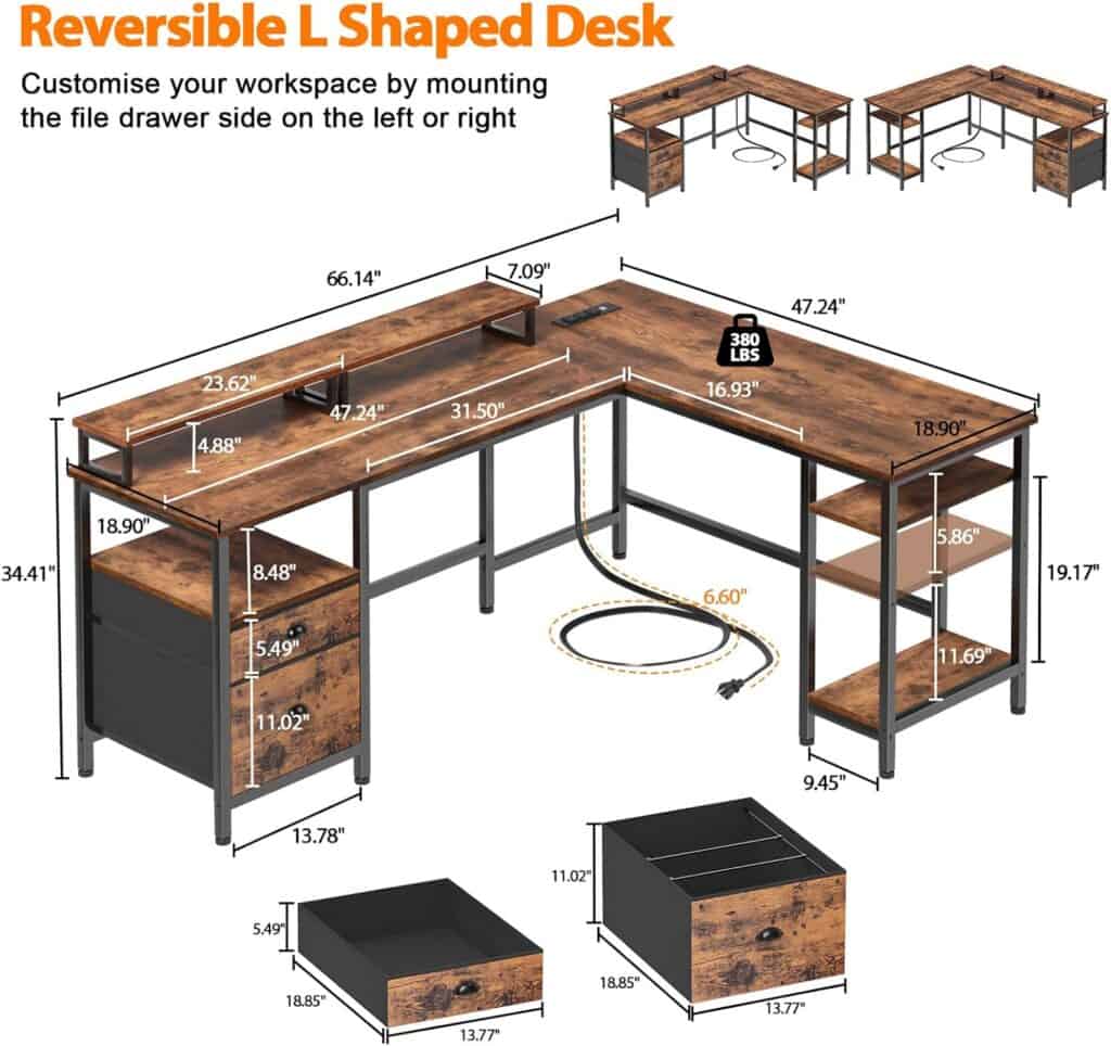 Furologee 66” L Shaped Desk with Power Outlet - Office Furniture